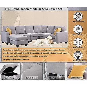 asunflower Modular Sectional Sofa with Storage Ottman 6 Seater Modular Couch Furniture Set for Living Room Velvet Corner Sectional Couch for Home & Office, Small Spaces, Grey