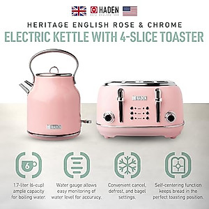 Haden Heritage 1.7 Liter Stainless Steel Electric Water Kettle Bundled with 4 Slice Wide Slot Stainless Steel Toaster, English Rose