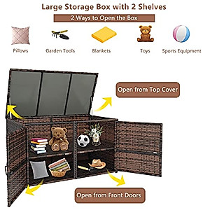 Outvita Outdoor Storage Box, 88GAL Waterprrof Rattan Patio Deck Storage Container with Double Doors and Flip Cover for Backyard, Balcony, Poolside, Garden Brown