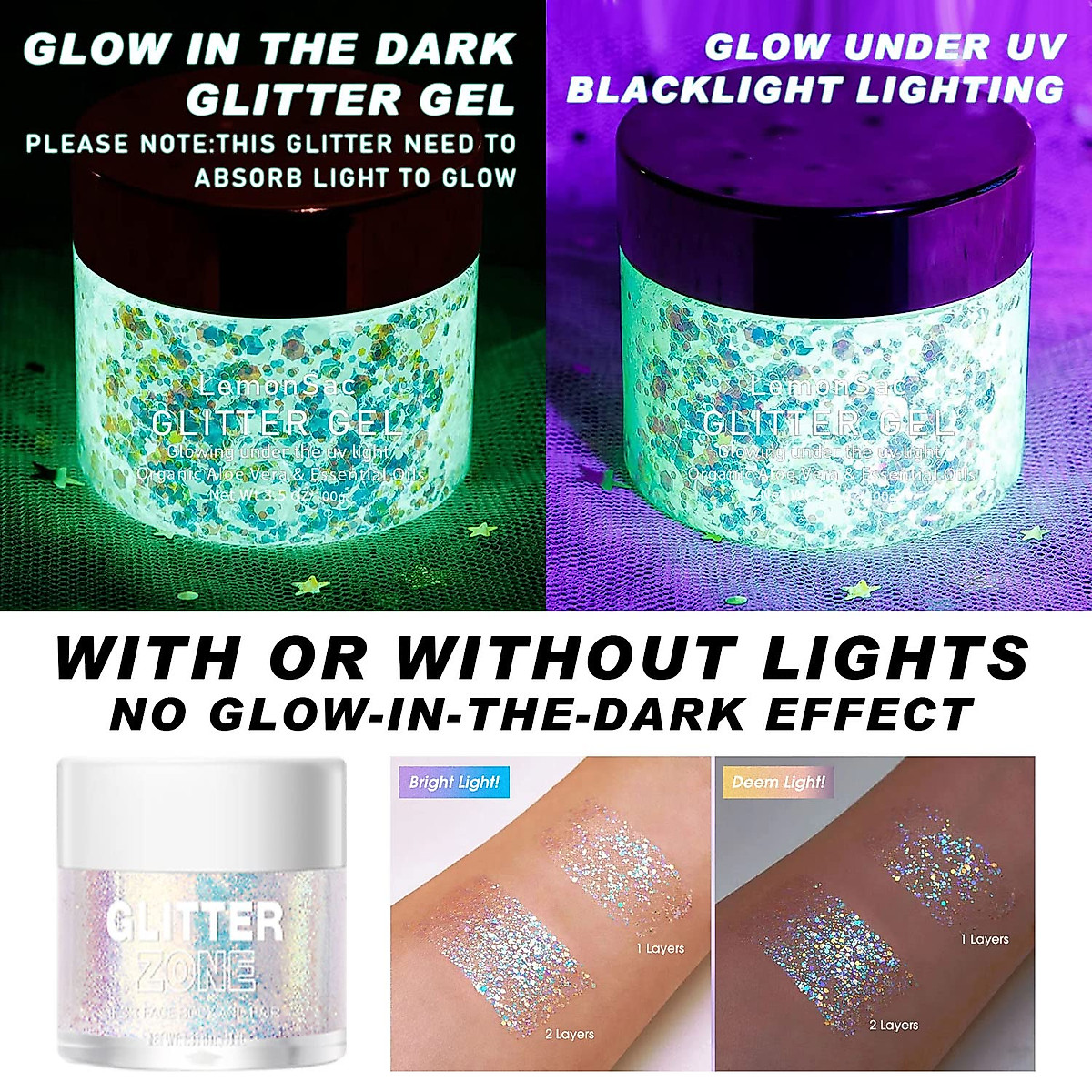 LemonSac Holographic Body Glitter Gel for Body, Face, Hair and Lip Glitter Makeup. Color Changing Glitter Gel Under Light with a Non Color Changing Glitter Gel (2# Sparkling Pink+Pearl White)