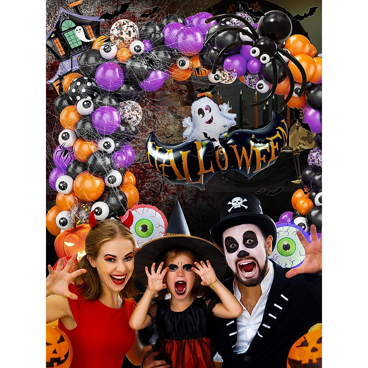 187Pcs Halloween Balloons Arch Garland Kit, 12 Inches Black Orange Purple Halloween Balloons Ghost Eyes House Spider Web Bat Decorations Inflatable Foil Balloon, Indoor Outdoor Halloween Decor Party