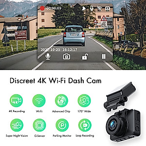 4K Dash Cam Built-in Wi-Fi UHD2160P Discreet Car Dashboard Camera Recorder with 24-Hour Parking Monitor, Super Night Vision, Loop Recording, 170° Wide Angle, Support APP