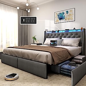 SADENICEL Full Size Bed Frame with Storage Headboard and 4 Drawer, Metal Full Bed Frame Platform with LED Light, Charging Station, No Box Spring Needed, Noise Free, Easy Assembly, Grey