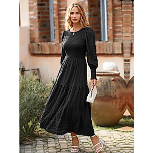 PRETTYGARDEN Women 2024 Puff Long Sleeve Crewneck Smocked Maxi Dress Solid Empire Waist Tiered A-line Swing Flowy Long Dress(Black,Medium)
