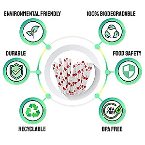 Biodegradable Paper Straws, 300 Pieces Pack,Red Heart Stripe Disposable Drinking Straws,Eco Friendly Christmas Party Supplies, Birthday, Wedding,christmas straws