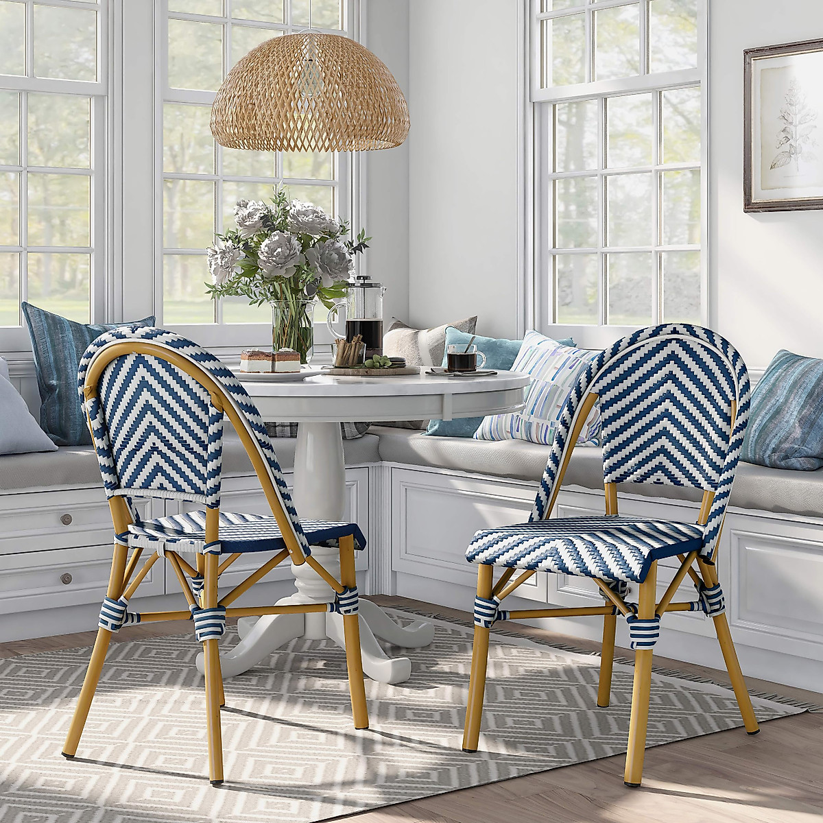 Greemotion USA Acti French Style Aluminum and All-Weather Wicker 34.75 in. H Patio Side Chair Set of 2 for Outdoor Kitchen, Garden, Yard, Poolside, Blue