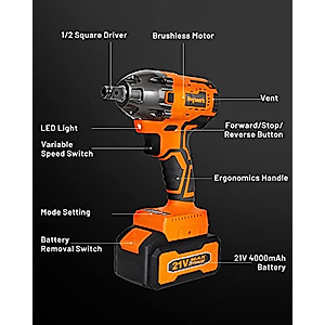 Heywork Power Cordless Impact Wrench,1/2" Impact Gun Max Torque 260Ft-lbs (350N.m) 3700RPM,21V Electric Impact Drill Driver Kit For Car/Home 2*4.0A Li-ion Battery and Fast Charger,6Pcs Sockets
