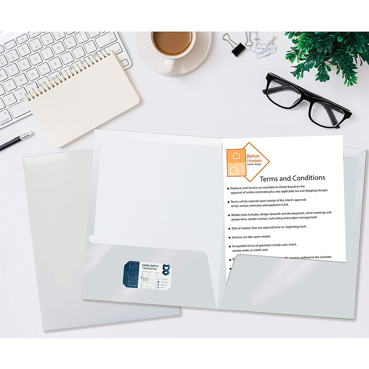 2 Pocket Glossy Laminated White Paper Folders, Letter Size, 25 Pack, White Paper Portfolios by Better Office Products, Box of 25 White Folders