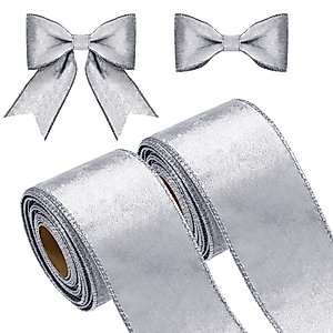 2 Rolls 2.5 Inch 10 Yards Christmas Velvet Ribbon Single Face Christmas Plain Velvet Ribbon for Gift Wrapping Crafts Christmas Wreath Tree Decor (Silver)