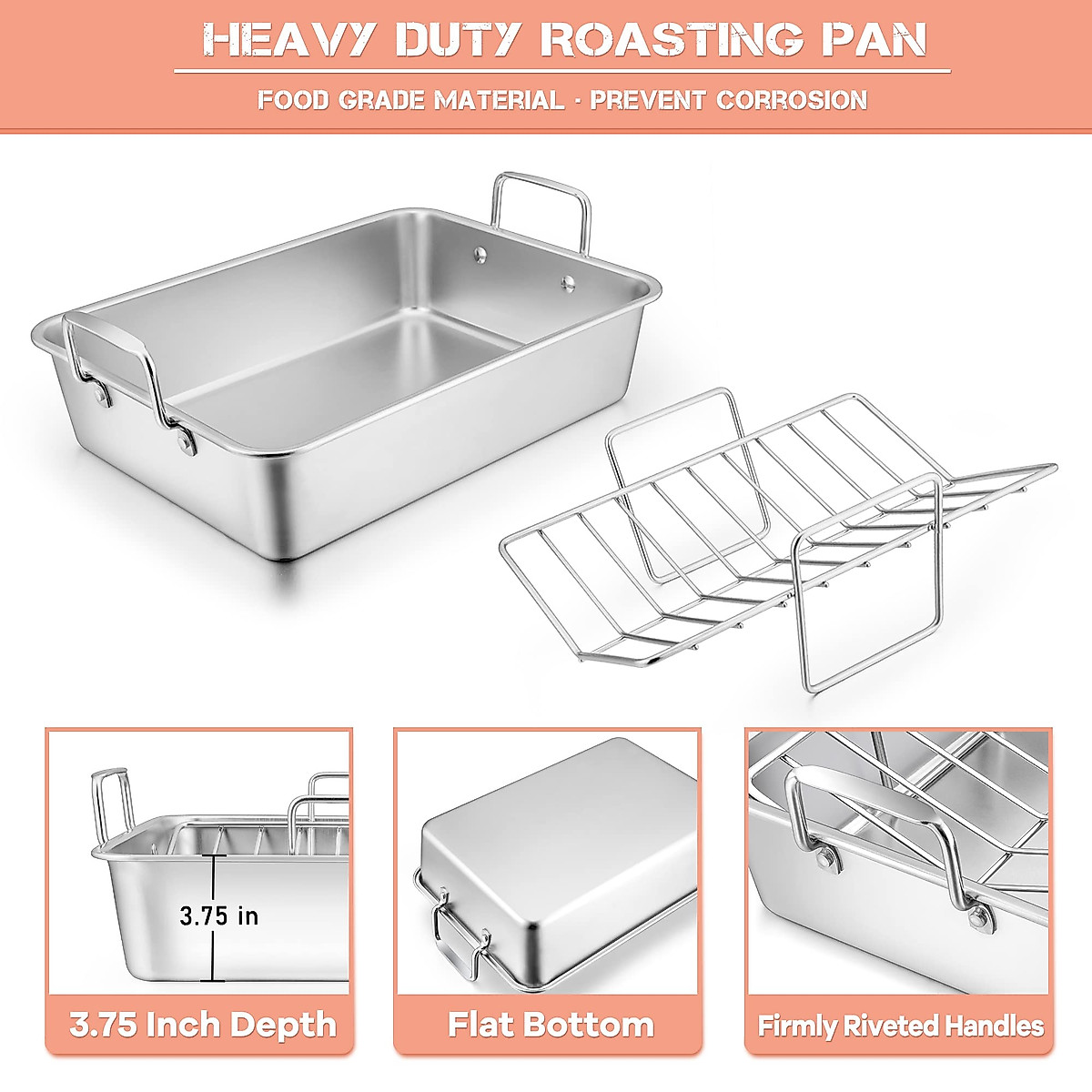 Leonyo Roasting Pan with V-shaped Rack, Stainless Steel Rectangular 16” Turkey Roaster Pan with Handles for Chicken Lasagna Vegetables Brownie, Non-stick Roasting Rack, Heavy Duty Dishwasher Safe