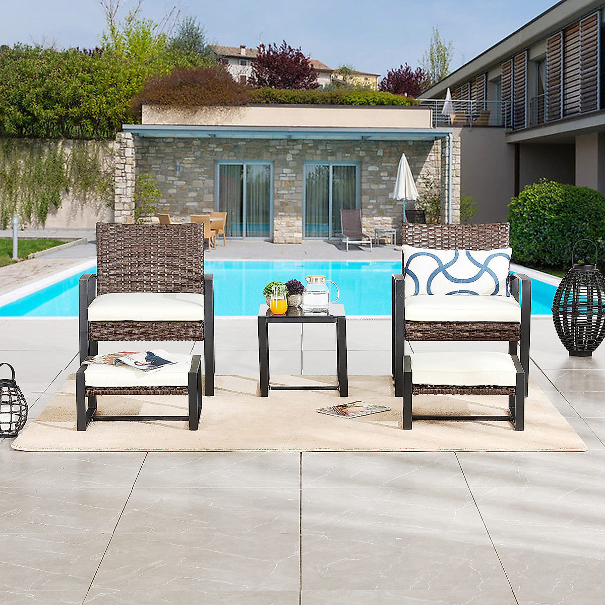 LOKATSE HOME Patio Conversation Set 5 Pieces Outdoor PE Wicker Rattan Sofa Furniture Cushioned Chairs and Ottomans with Tempered Glass Coffee Table, White