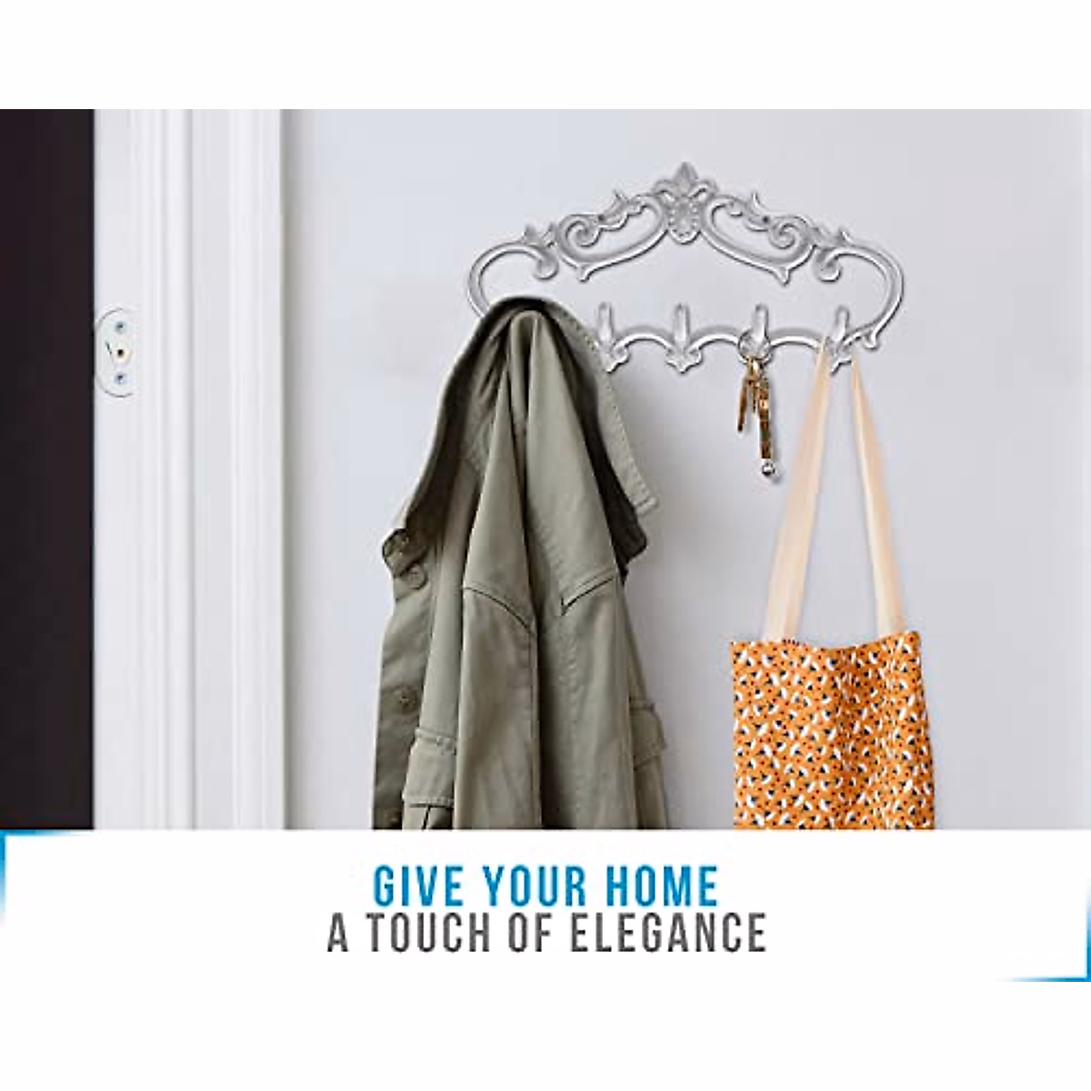 Comfify Cast Iron Wall Mounted Hanger Vintage Design with 5 Hooks - Keys, Towels, Coats etc - Wall Mounted, Metal, Heavy Duty, Rustic, Vintage, Decorative Gift Idea - 12.6x5.9” - Rustic White