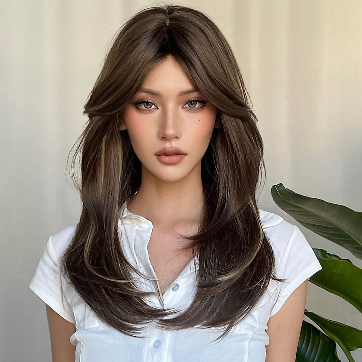 HAIRCUBE Long Brown Wigs for Women Layered Synthetic Hair Wig with Highlight