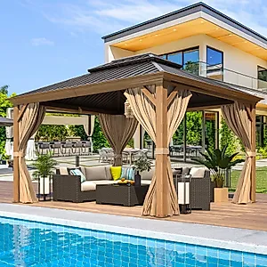 EROMMY 10'x12' Gazebo, Wood Grain Aluminum Frame Canopy with Double Galvanized Steel Hardtop Roof, Outdoor Permanent Metal Pavilion with Curtains and Nettings for Patio, Backyard and Deck