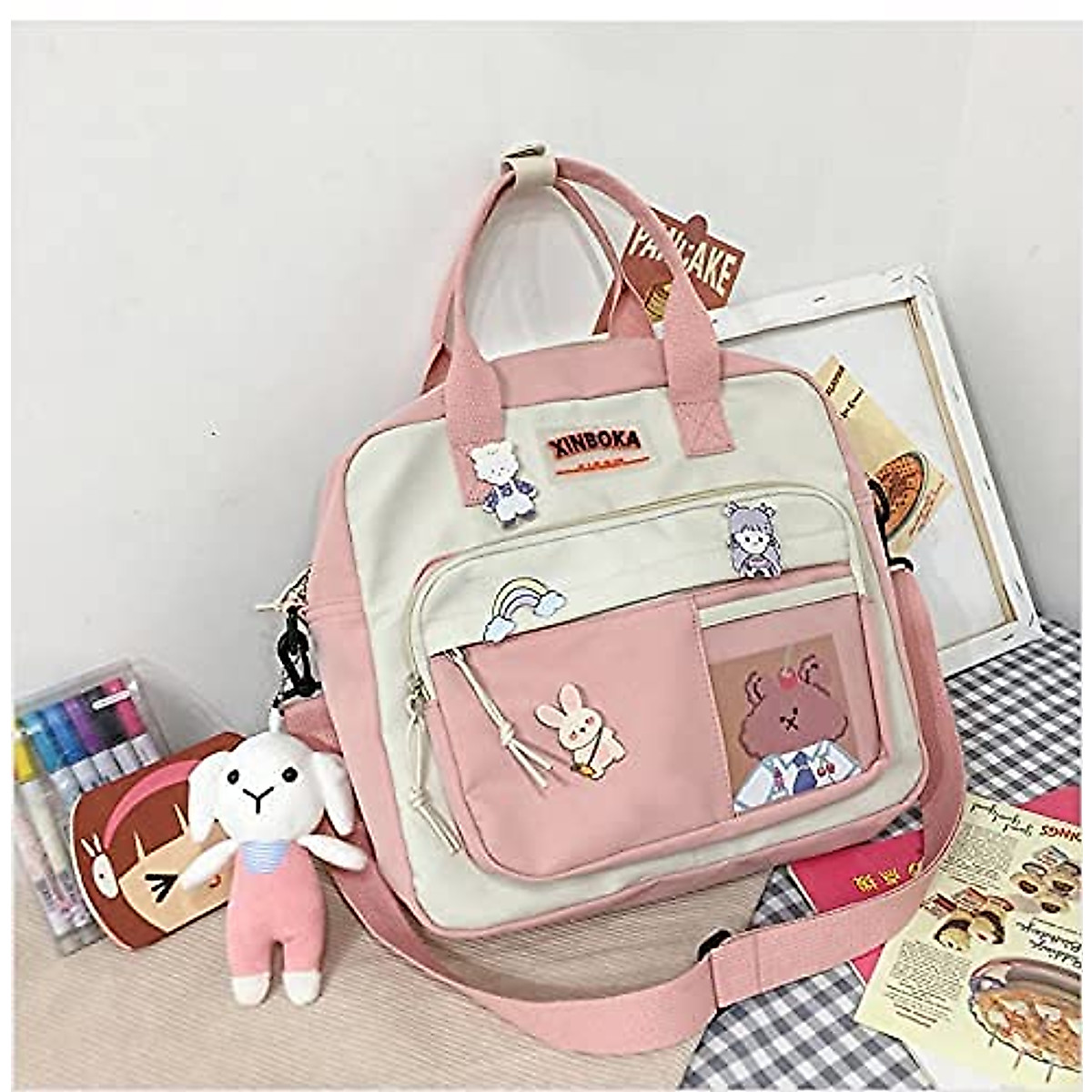 Kawaii Canvas School Backpack with Pendant, Laptop Shoulders Bag, Back to School Off to College Supplies (Pink)