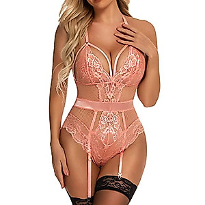 Donnalla Women Lingerie Sets with Garter Belt Sexy Garter Lingerie Lace Bodysuit One Piece Exotic Teddy (No Stockings) (Light Pink XX-Large)