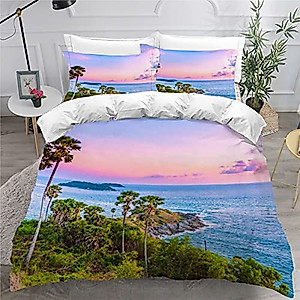 Quilt Cover Twin Size Thailand Scenery 3D Bedding Sets Sea, Coconut Trees Duvet Cover Breathable Hypoallergenic Stain Wrinkle Resistant Microfiber with Zipper Closure,beding Set with 2 Pillowcase
