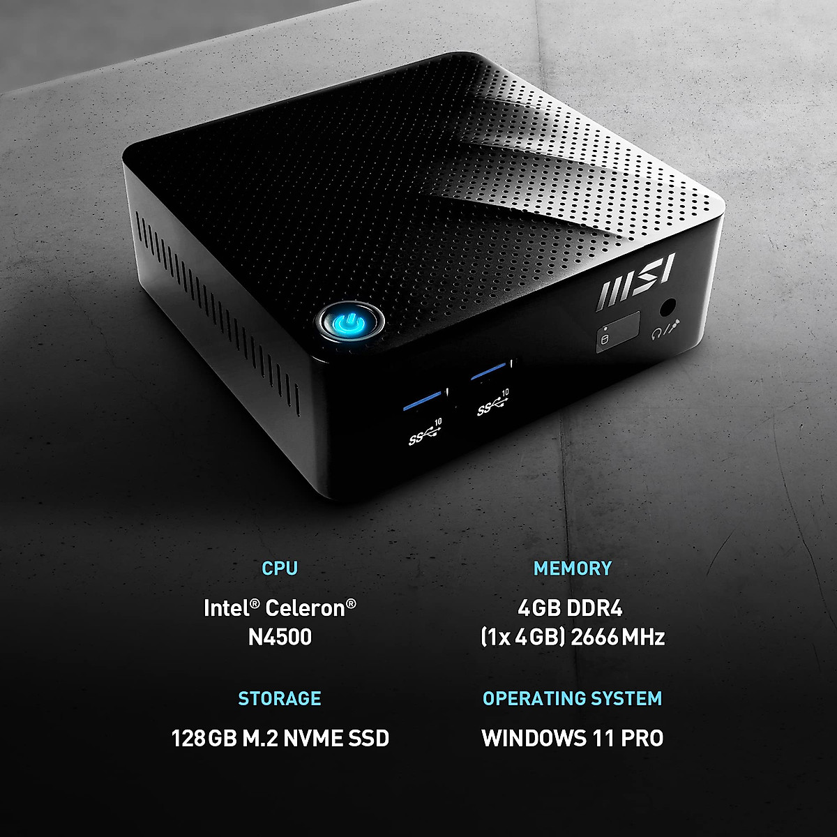 MSI Cubi N Mini PC: Intel Celeron N4500, 4GB DDR4 (1x4GB) 2666MHz, 128GB SSD, WiFi 6, BT 5.2, Energy Efficient, Black, Windows 11 Pro: JSL-070US