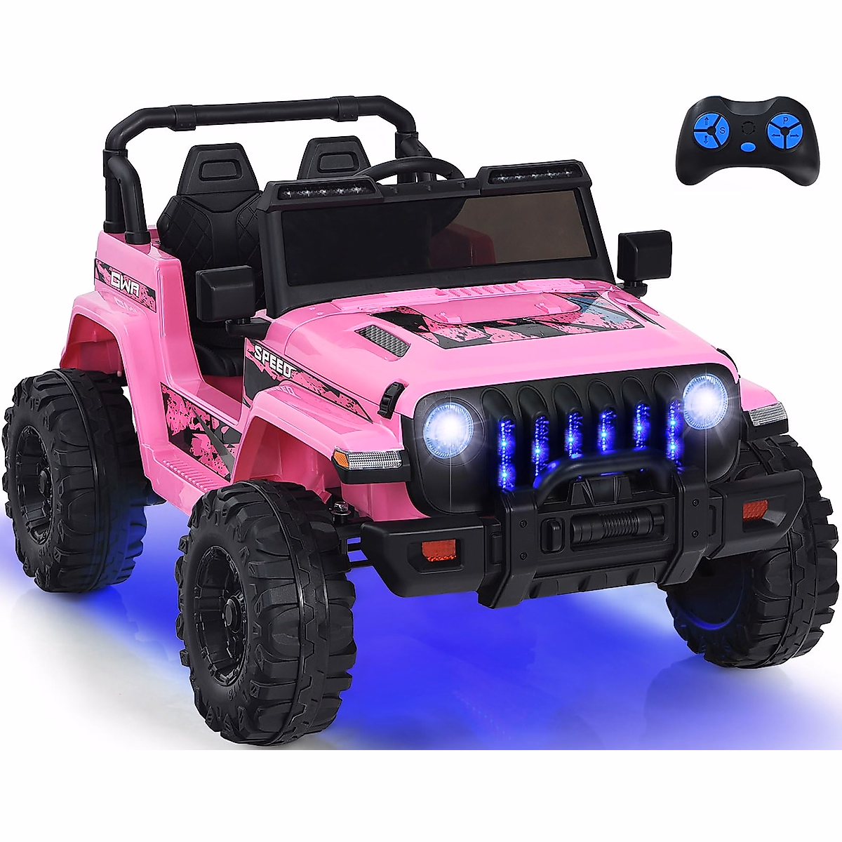 INFANS Ride on Car Truck with 2.4G Remote Control, 12V Battery Powered Electric Cars for Kids w/3 Speeds, Battery Display, LED Lights, Safety Belt, Music & Horn, Bluetooth/FM/USB (Pink)