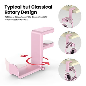 Rotating Headphone Stand - EURPMASK PC Gaming Headset Stand, Adjustable Clamp-on Headphone Holder, Headphone Hanger Hook Under Desk with 360 Degree Swivel&Cable Clip Organizer - Pink