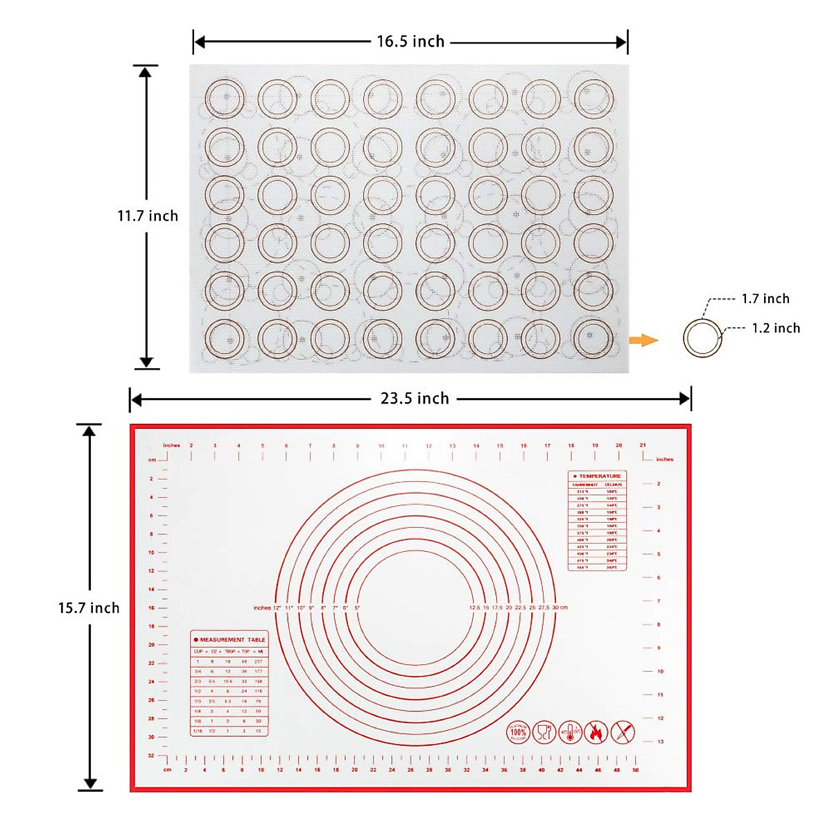 Macaron Silicone Baking Mats - Set of 3 - Baking Mat Non Stick Silicone BPA Free - 2 Sheet Baking Mat and 1Dough Rolling Mat with Measurements