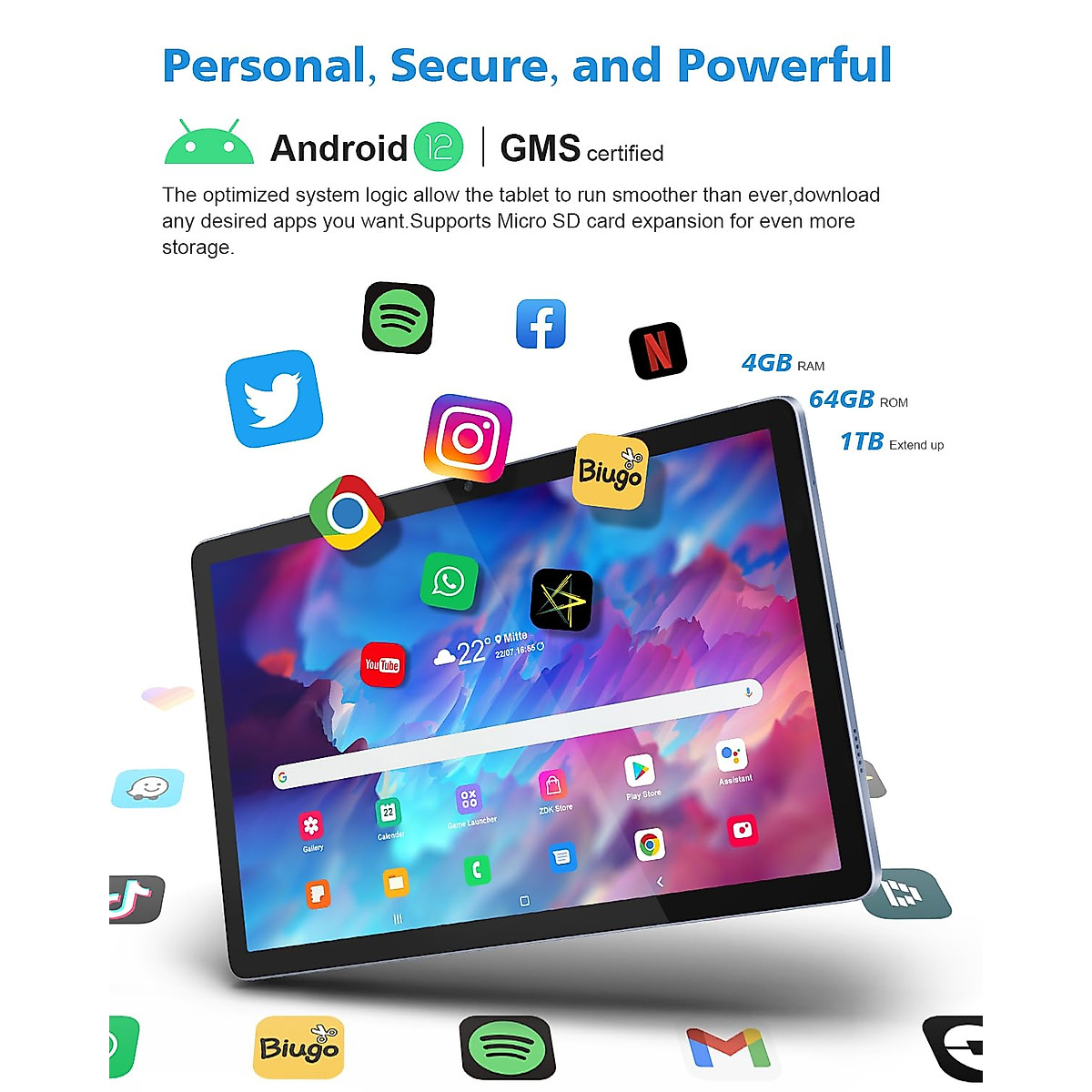 Wielio Android 12 Tablet PC 10 inch, 6GB+128GB Tablet, 1TB Expand 8 Core Android Tablets, 2.4G/5G WiFi, 1920 * 1200 IPS, 6000mAh Fast Charge, Bluetooth 5.0, GPS, Dual Camera, Parent Control