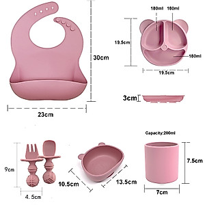 TINGGNIT 6pcs Silicone Baby Feeding Set, Silicone Bib, Toddler, Bowl, Straw Cup with Suction Baby Plate Fork&Spoon Baby Eating Supplies, Baby Plates With Suction,Baby Gifts,(Dark Pink）