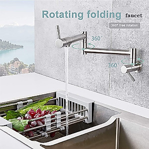 HOMHII Wall Mount Pot Filler Faucet,Folding Stretchable Kitchen Faucet with Double Joint Swing Arm,Stainless Steel Delta Pot Filler Faucet (‎Brushed Stainless Steel)