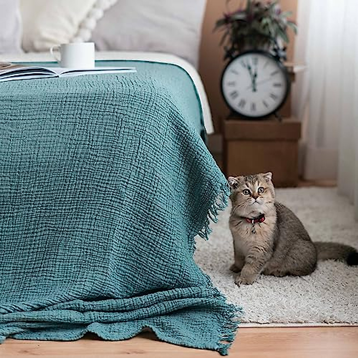 Muslin Throw Blanket, 4-Layer Soft & Breathable Gauze Summer Throw Blanket for Bed, Couch, 50"X60" Lightweight Teal Throw Blanket with Tassels, All Season