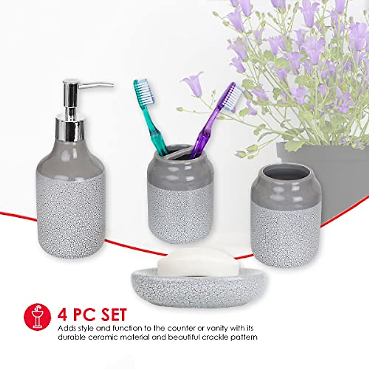 Home Basics Crackle 4 Piece Ceramic Bath Accessory Set-Includes Lotion Dispenser, Toothbrush Holder, Soap Dish, Tumbler, Grey