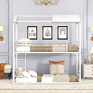 EMKK Twin Over Twin Metal Bunk Bed,House Shaped Low Bunk Beds w/Safety Guardrail & Ladder,Twin Over Twin Bunk Beds for Kids Girls Boys Toddlers,Metal House Bunk Bed Frame with Ladder