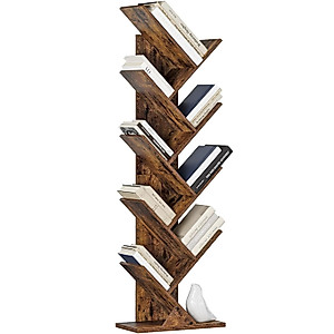Function Home 9 Tier Tree Bookshelf, Modern Tall Geometric Bookcase, Freestanding Book Shelf, Wood Floor Storage Shelf for Living Room, Bedroom, Home Office,Rustic Brown