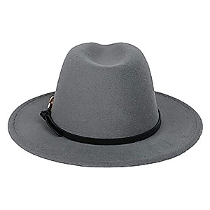 DT DANTIYA Women's Vintage Wide Brim Felt Fedora Hat Wide Brim Panama Hats with Belt Metal Buckle Light Grey