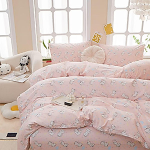 MKXI Queen Size Pink Floral Duvet Cover Cute Cats Duvet Cover for Girls White Cat Pattern Kids Bedding Set Pink Cartoon Comforter Cover for Children