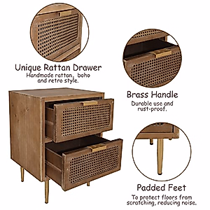 COZAYH Rustic Farmhouse Woven Fronts Nightstand, Spacious Storage End Table with 2 Drawers, Industrial Farmhouse Accent Furniture for Bedroom