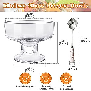 Worldity Glass Dessert Bowls Set of 4, 6.42oz Ice Cream Bowls with Spoons, Crystal Dessert Cups, Lead-free Ice Cream Bowls for Appetizers Ice Cream Cocktail Pudding Fruit Sauce