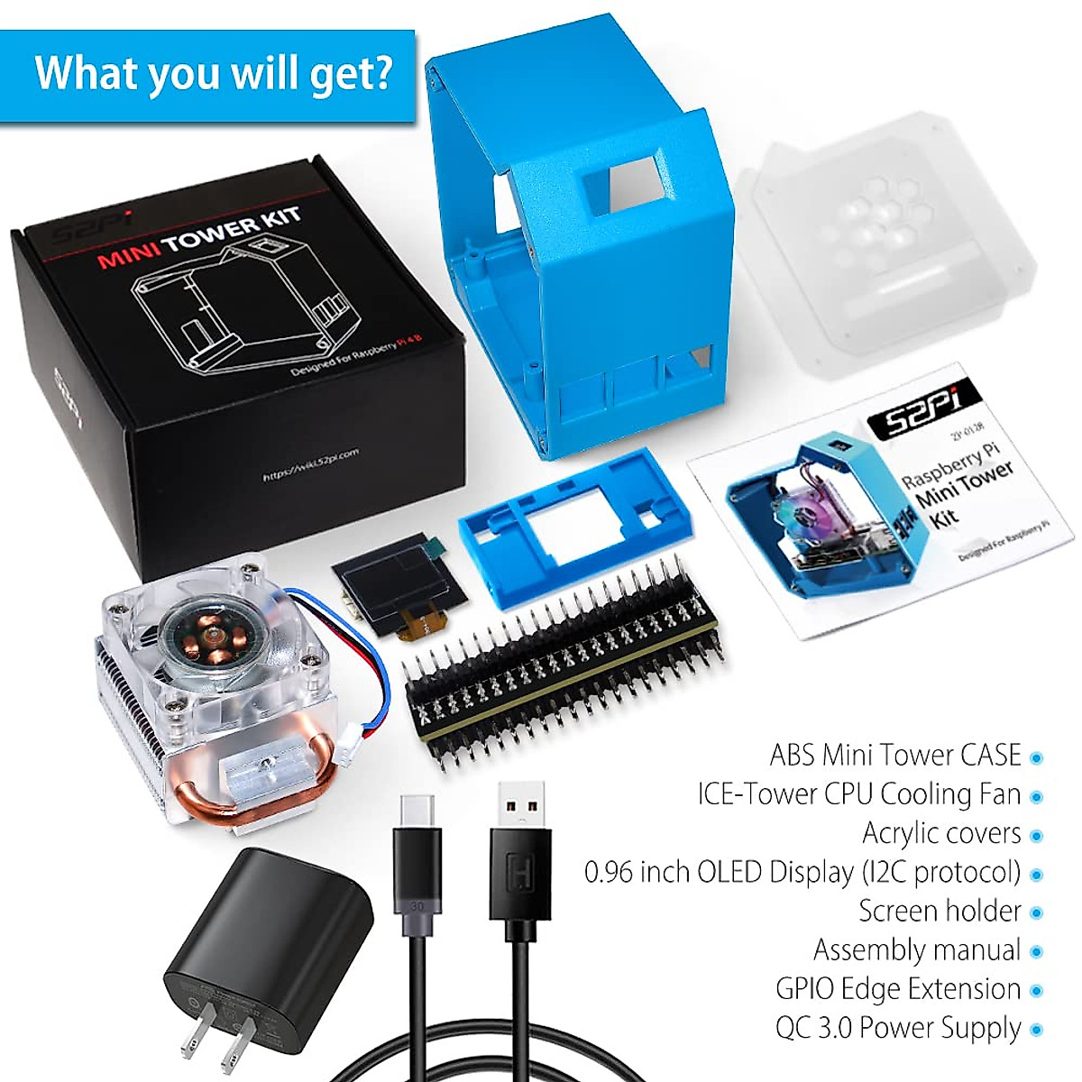 GeeekPi Mini Tower Kit with QC3.0 Power Supply for Raspberry Pi 4, Pi 4 Case with ICE Tower Cooler, 0.96'' OLED Module, RGB Fan, Heatsink, GPIO Expansion Board for Raspberry Pi 4 Model B
