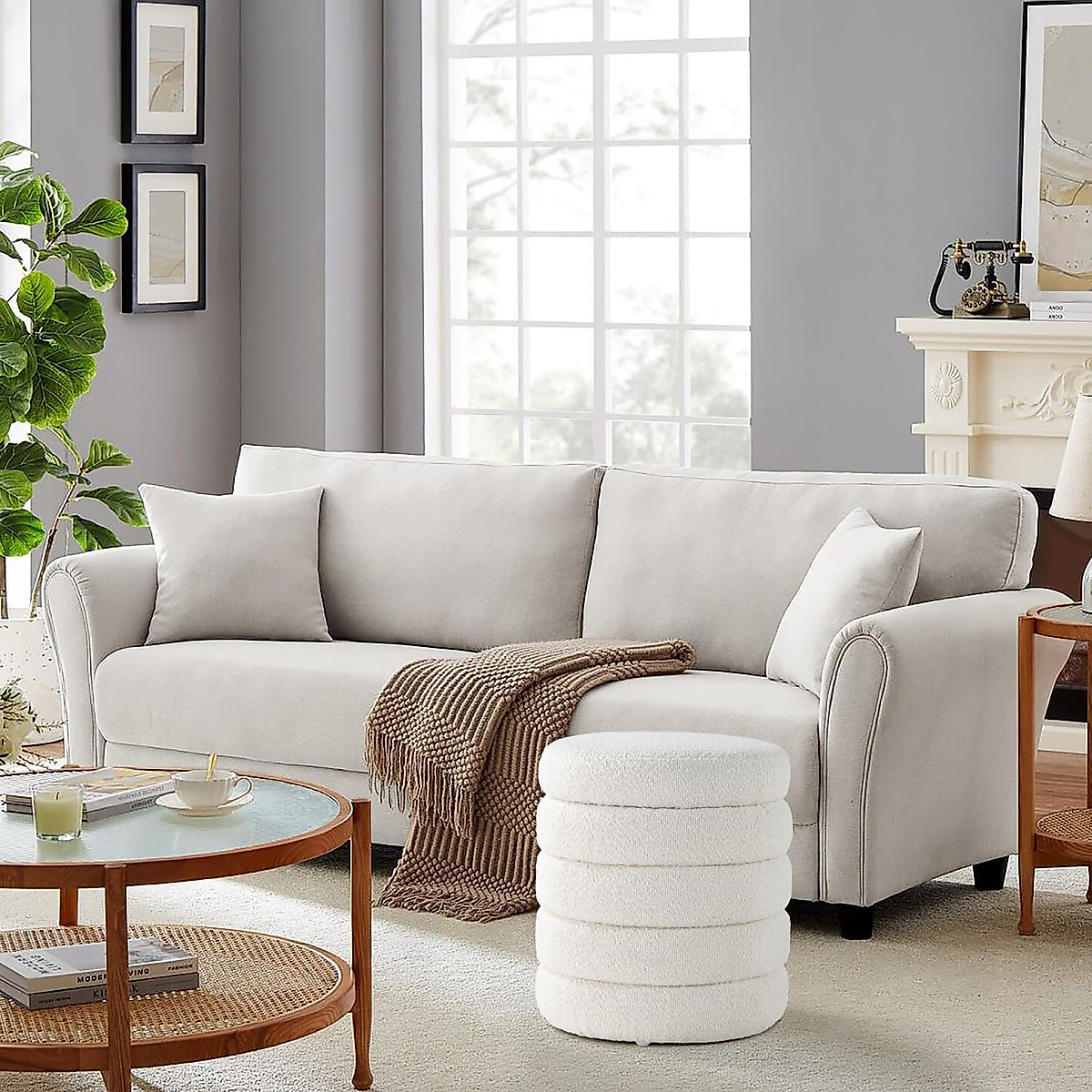 Modern Round Ottoman with Soft Padded Seat, Storage Vanity Chairs for Makeup, Upholstered Footrest Stool Ottoman Foot Stool for Living Room, Bedroom