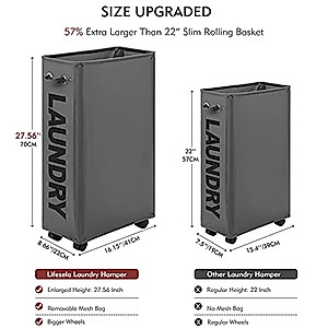 Lifesela X-Large Rolling Laundry Hamper, 27" Tall Slim Laundry Basket with Mesh Liner, Collapsible Dirty Clothes Hamper with Handle, Corner Laundry Bin Laundry Cart with Wheels (Grey)