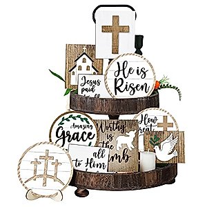 10 Pcs Easter Tiered Tray Decor Set Easter Table Wooden Sign Decorations He is Risen Tiered Tray Decor Cross Crucifix Tabletop Decor Rustic Tiered Tray Decor for Farmhouse Kitchen Home Party Decor