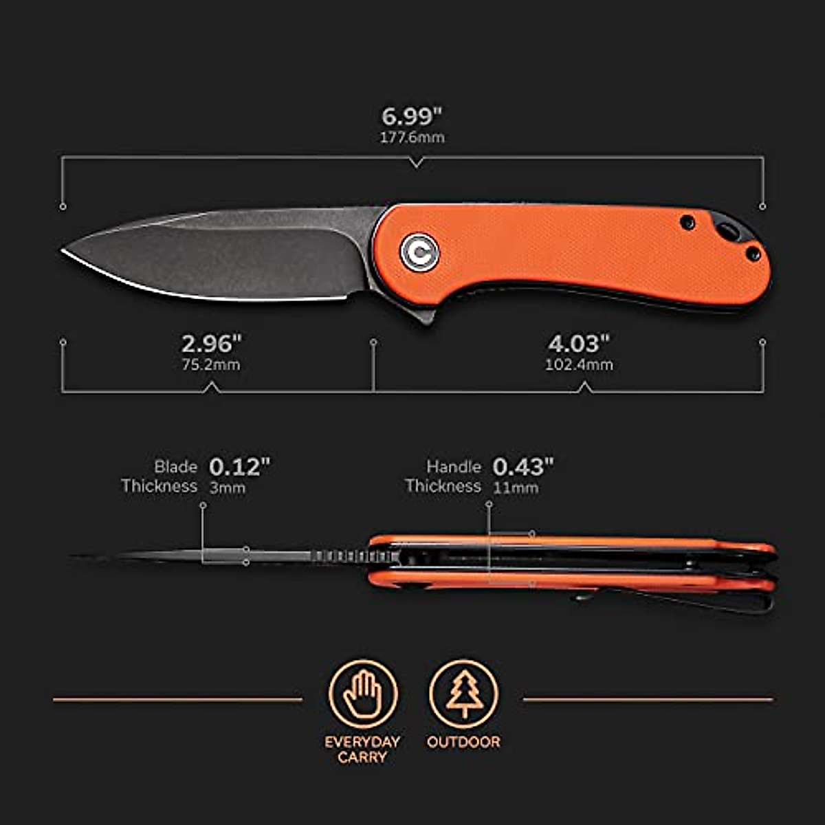 CIVIVI Folding Pocket Knife, 2.96" D2 Blade G10 Handle, Elementum Liner Lock Flipper Knife with Deep Carry Pocket Clip for EDC C907Y (Orange)