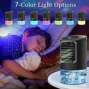 OVPPH Portable Air Conditioner Fan, Personal Evaporative Cooler Mini Desk Cooling Fan with Handle, 3 Speeds, Timer, 7 LED Light Circulator Humidifier Misting for Bedroom Home Office, Fashion Black