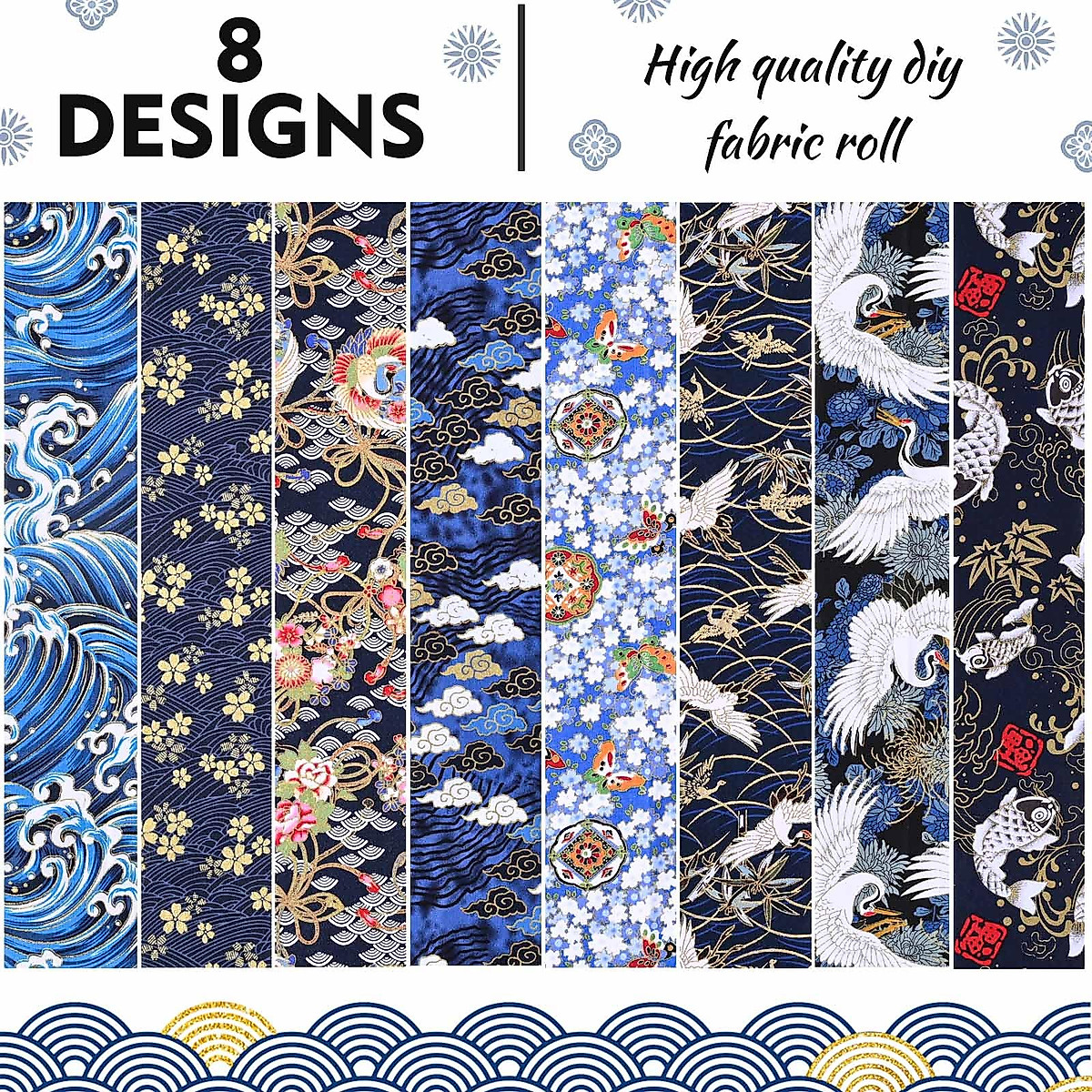 40 Pcs Blue Japanese Style Jelly Roll Blue Ukiyoe Fabric Strips for Quilting Crafting Blue Sea Wave Bird Floral Precut Polyester Patchwork for Sewing DIY Crafts Fabric Bundles Strips 39.37 × 2.55 Inch