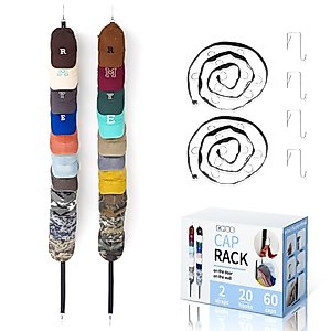 RMYE Hat Rack Hold up to 60 caps Hat Organizer Two Straps 20 Hooks Over The Door and Wall Multifunctional Cap Rack Hat Hanger for Baseball Cap Holder Vintage Army Olive Green/Black Gift (Black)