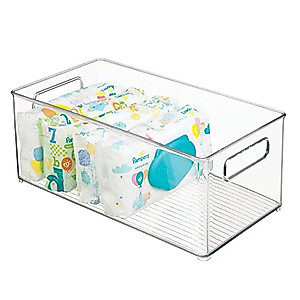 mDesign Deep Plastic Storage Organizer Container Bin, Baby and Kid Organization for Nursery, Cupboard, Playroom, Shelves, and Closet - Holds Snacks, Food, Formula, Diapers - Ligne Collection - Clear