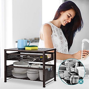 Bextsware Auledio Stackable Multi-Function Under Sink Organizer 2 Tier Sliding Basket Cabinet, Bronze