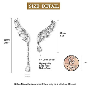 Angel's Wings Cubic Zirconia Earrings for Women, Asymmetrical Teardrop Crystal Long Drop Dangle Ear Climbers Wedding Earring for Bridesmaids Brides,Elegant Rhinestone Pretty Birthday Party Prom Gifts
