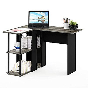 Furinno Abbott L-Shape Computer Desk with Bookshelf, French Oak Grey/Black