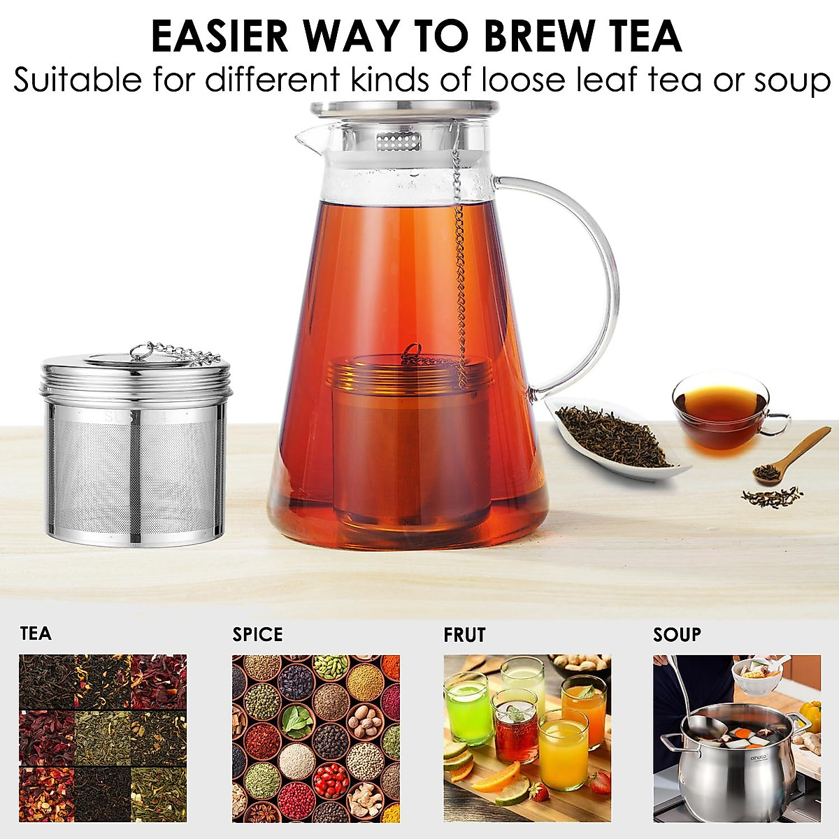 TEEMADE Large Tea Infuser - 304 Stainless Steel Tea Filter with Threaded Lid & Chain Hook - Ideal for Loose Leaf Tea, Cooking, and More - Extra Fine Mesh Holes Tea Strainer for Herbs, Iced Tea & Soup