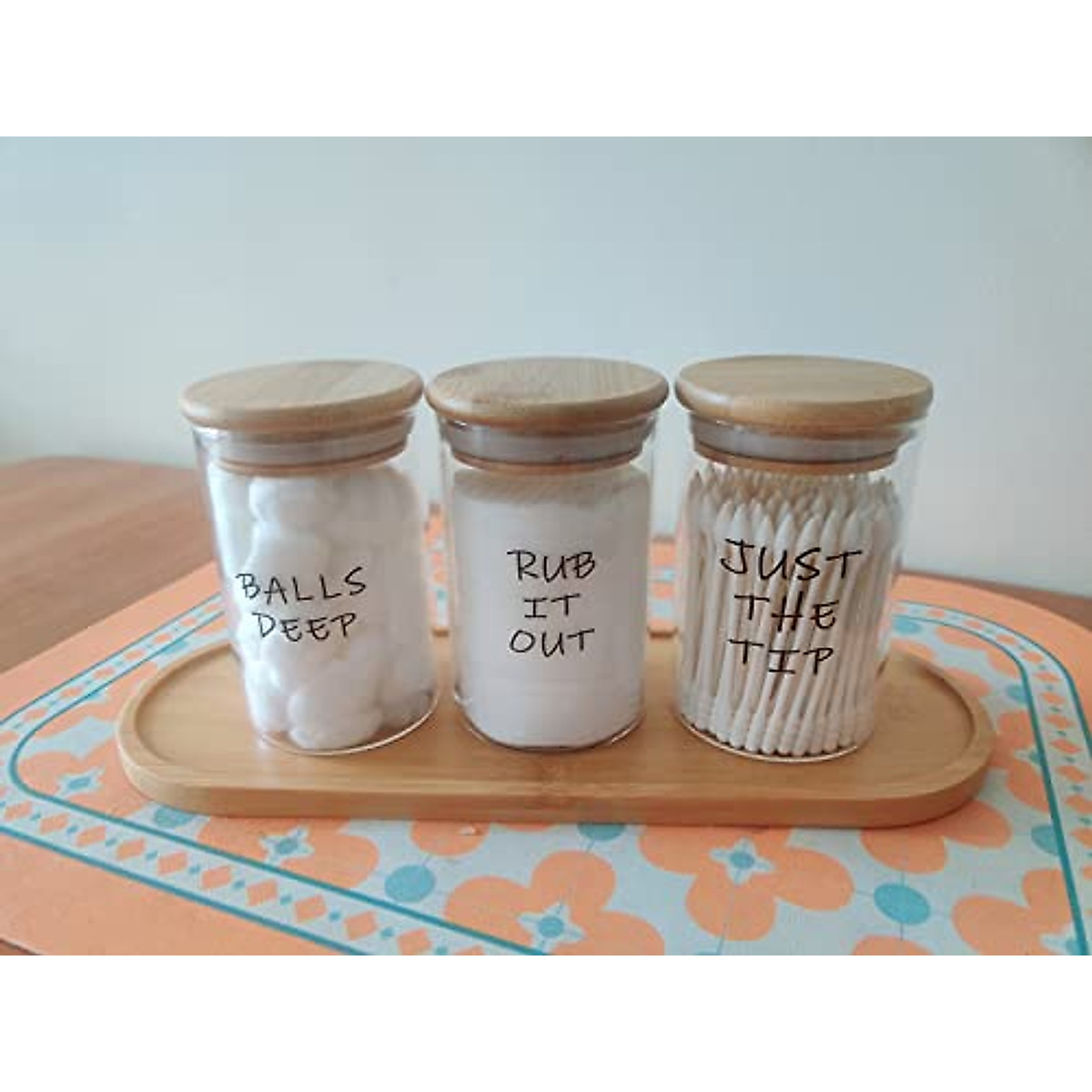 Haplasoo Set Of 3 Glass Jars with Airtight Bamboo Lids and Tray Qtip Holder Cotton Ball Swab Pad Dispenser For Bathroom Organization Canisters For Bobby Pin